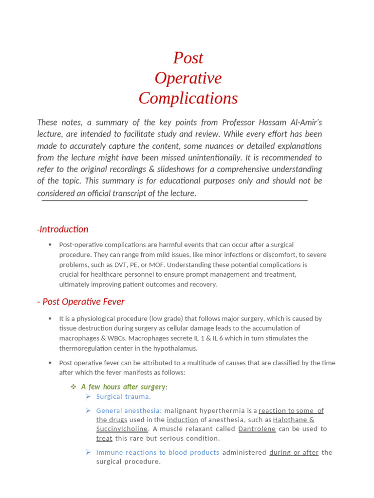 Post Operative Complications | PDF | Wound | Respiratory Diseases