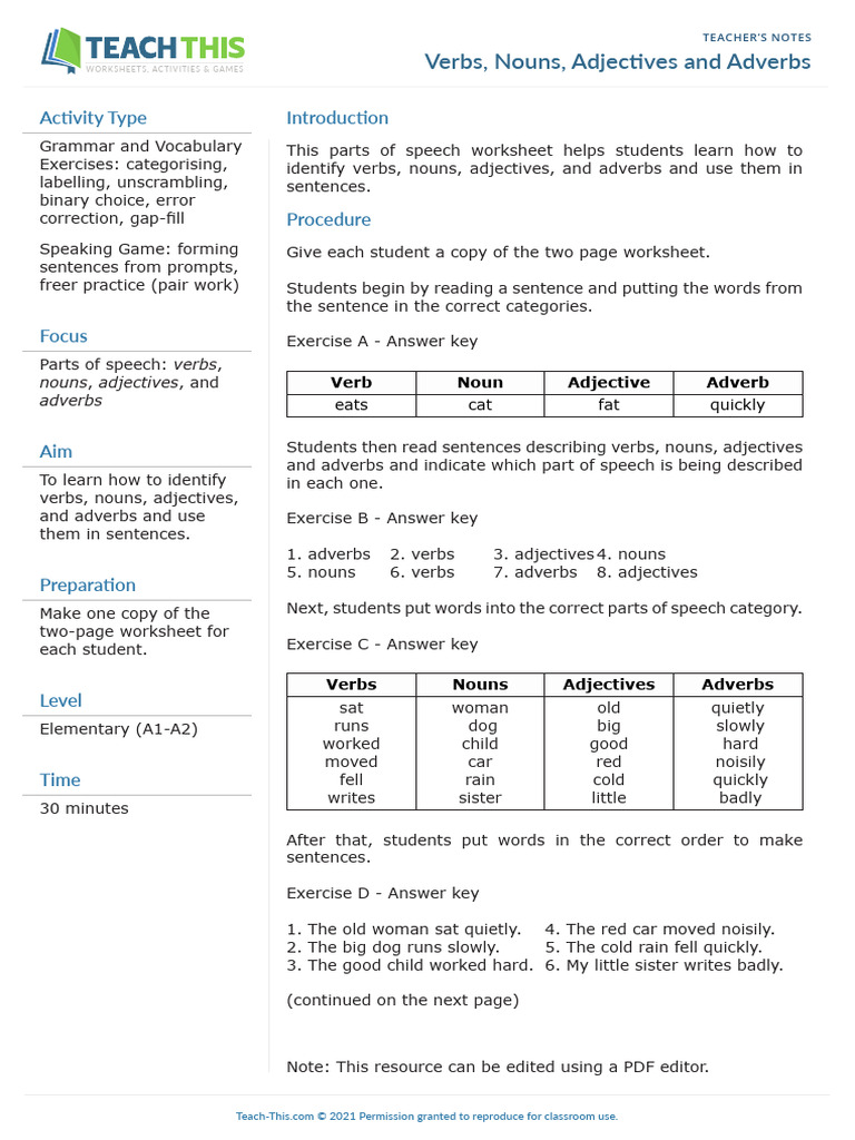Verbs, Nouns, Adjectives, and Adverbs | PDF