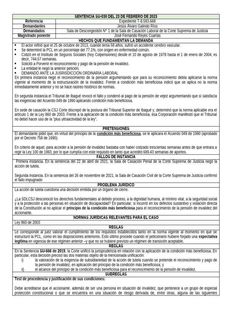 Análisis de Sentencia SU-038 de 2023 | PDF | Pensión | Justicia