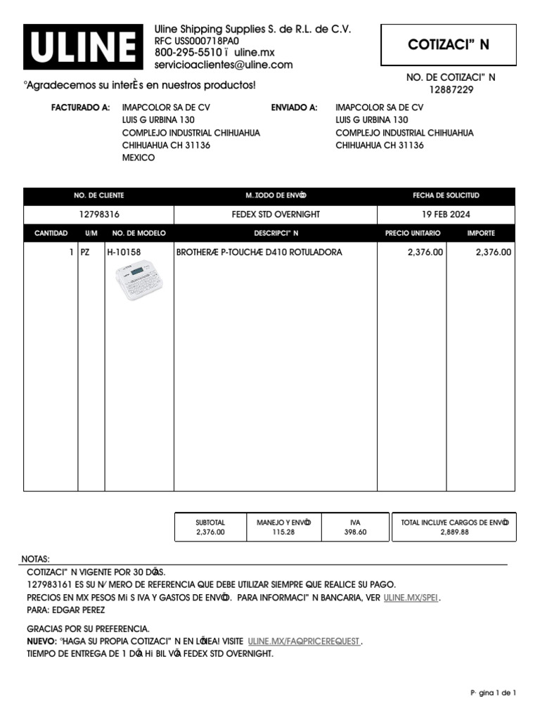 Uline Pricing Request 12798316 73288794 1 | PDF