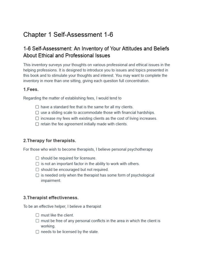 Chapter 1 Self-Assessment 1-6 | PDF | Psychotherapy | Cost Of Living