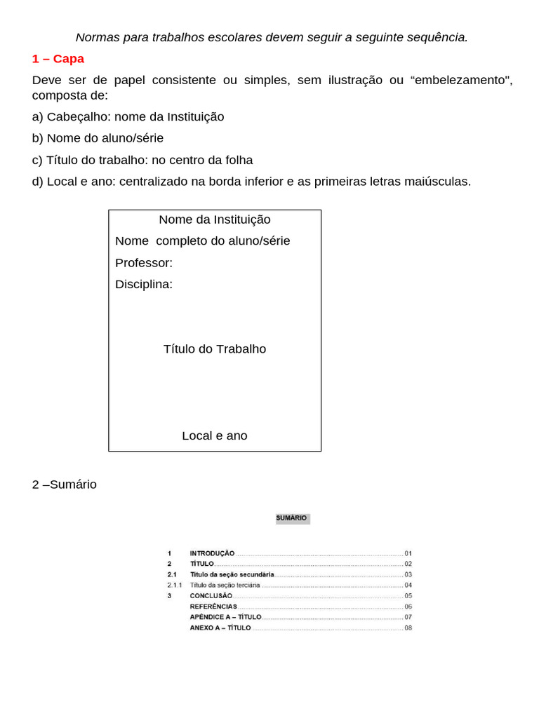 Normas para Trabalhos Escolares Devem Seguir A Seguinte Sequência | PDF