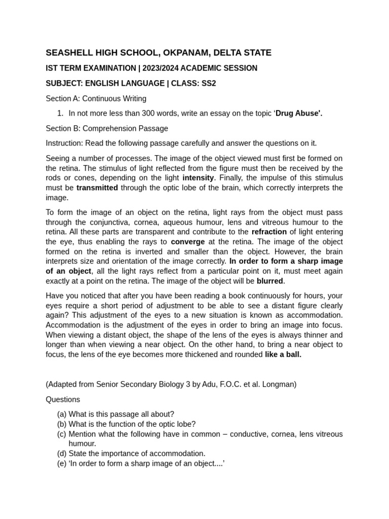 SS2 First Term English Language Exam | PDF | Eye | Foreign Language Studies