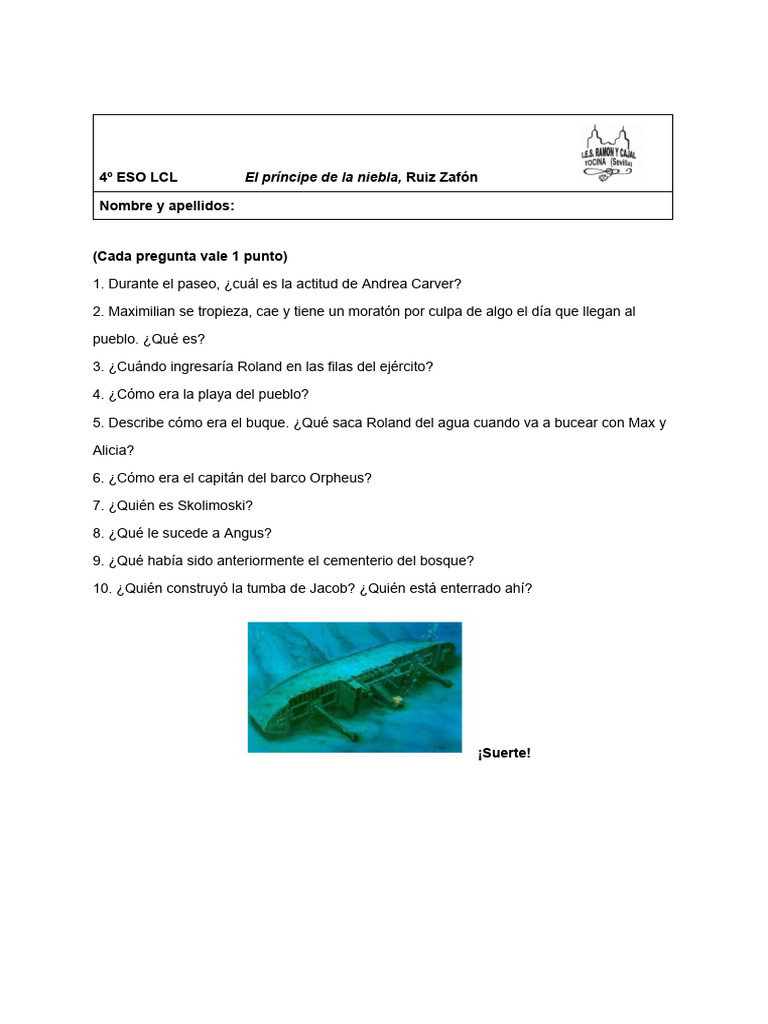 4º ESO LCL El Príncipe de La Niebla, Ruiz Zafón | PDF