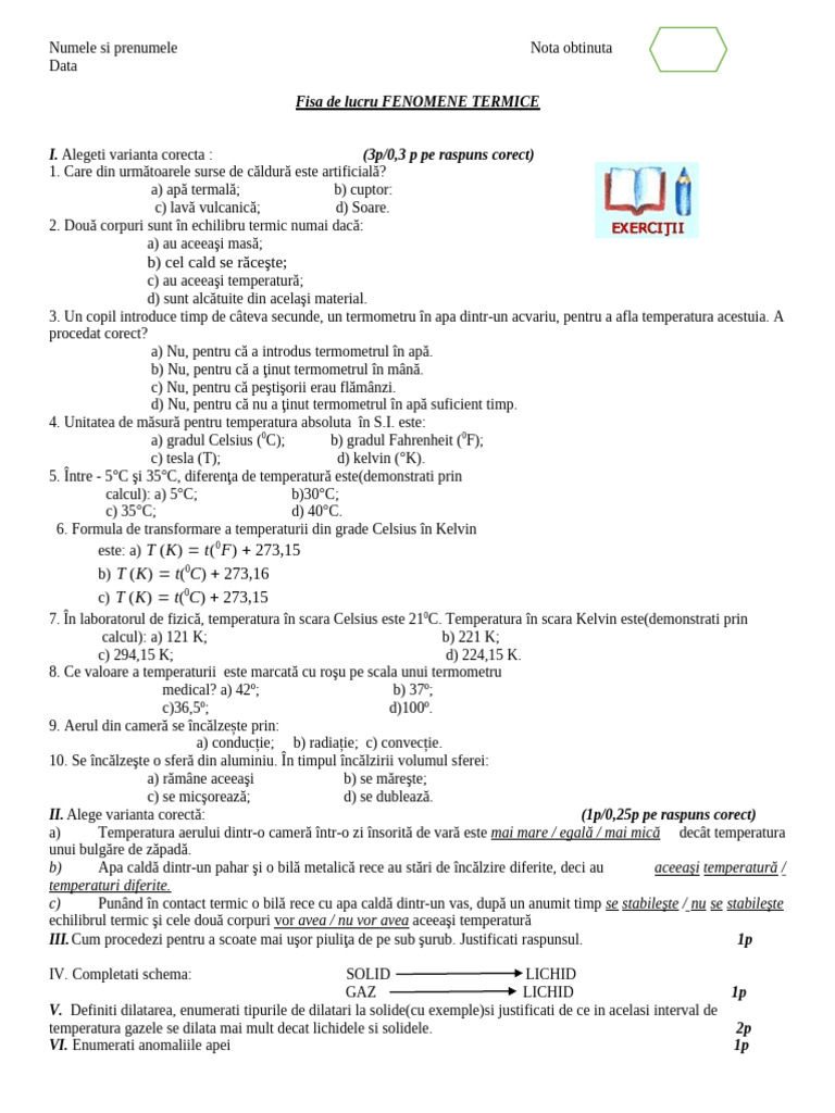 Test Fenomene Termice | PDF