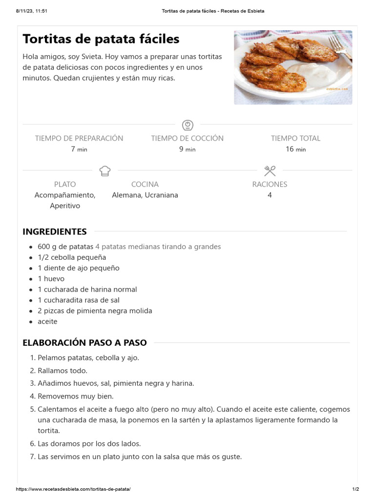 Tortitas de Patata Fáciles - Recetas de Esbieta | PDF Tortitas de Patata Fáciles - Recetas de Esbieta | PDF