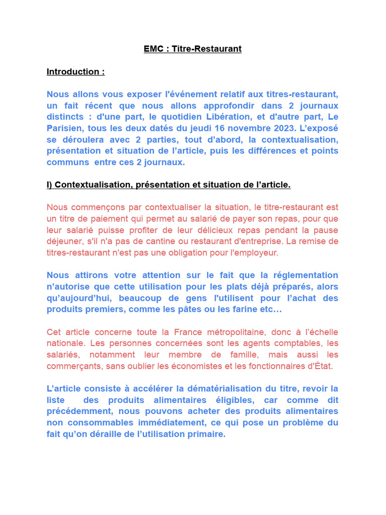 EMC - Devoir Maison - Titre-Restaurant | PDF