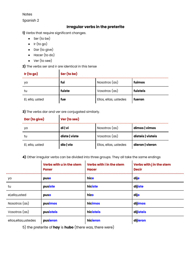 Notes Irregular Verbs in The Preterite | PDF
