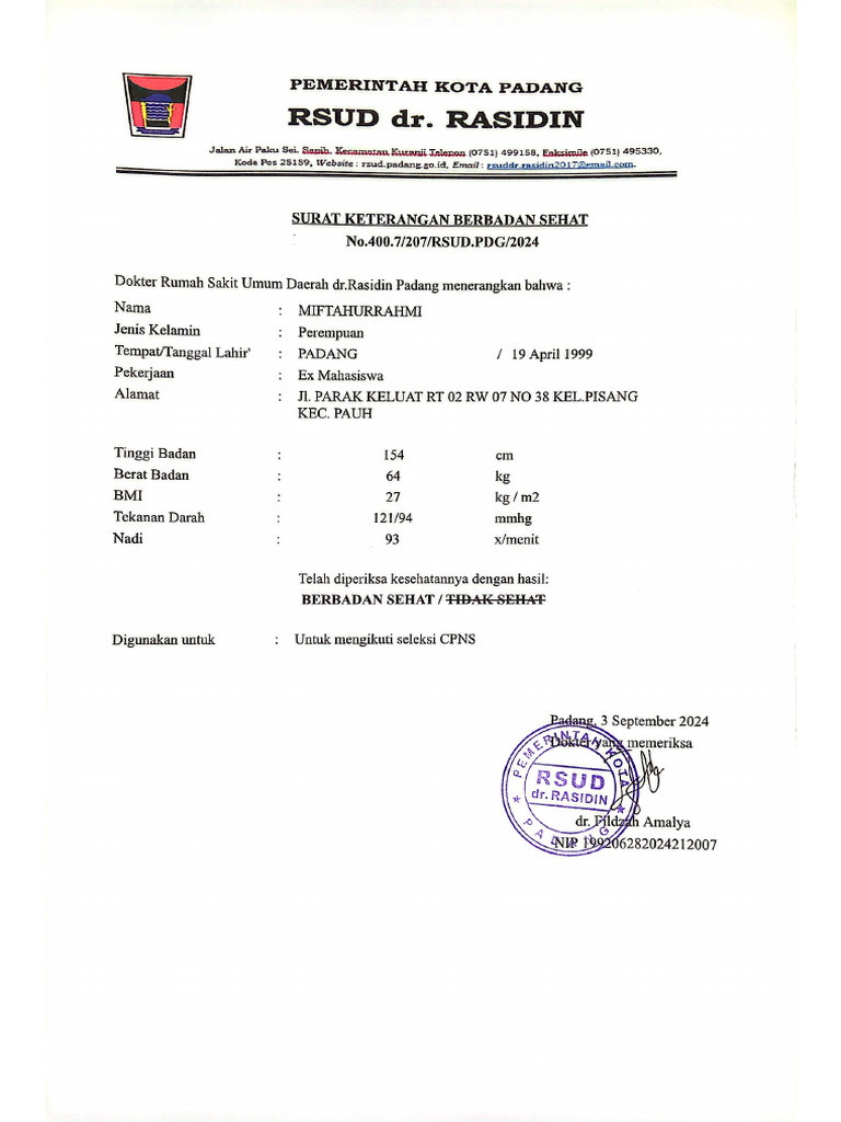 Surat Berbadan Sehat Miftah | PDF