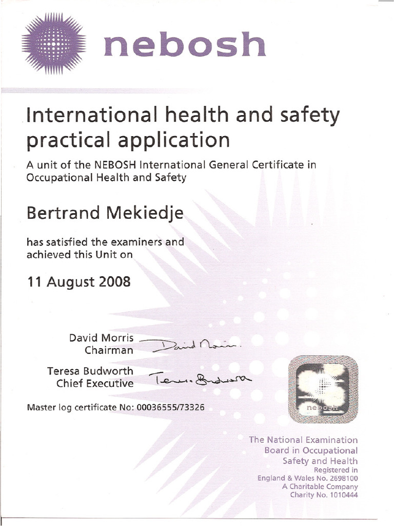 Nebosh IGC Certificate Bertrand Mekiedje | PDF