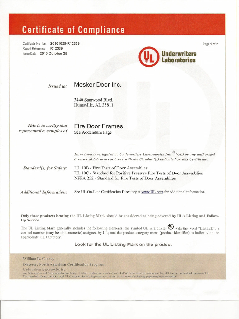 Ul Certificate Of Compliance Frames Pdf Architectural Elements