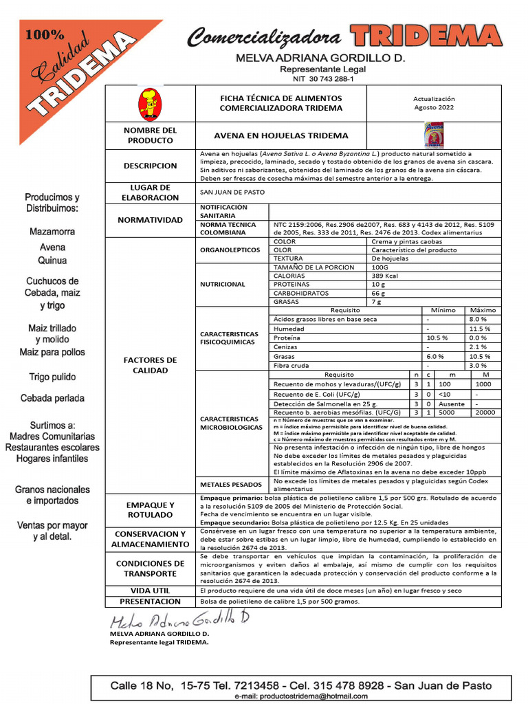 Avena - Ficha Tecnica y Reg Invima | PDF