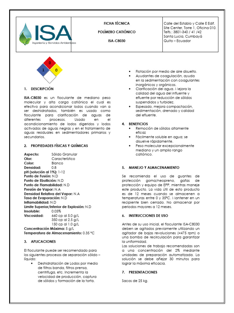 20 Ficha Tecnica Polimero Cationico C8030 | PDF