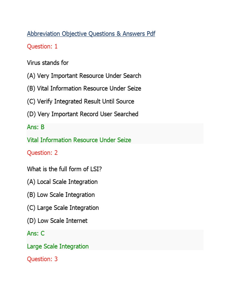 Abbreviation Quiz Questions | PDF