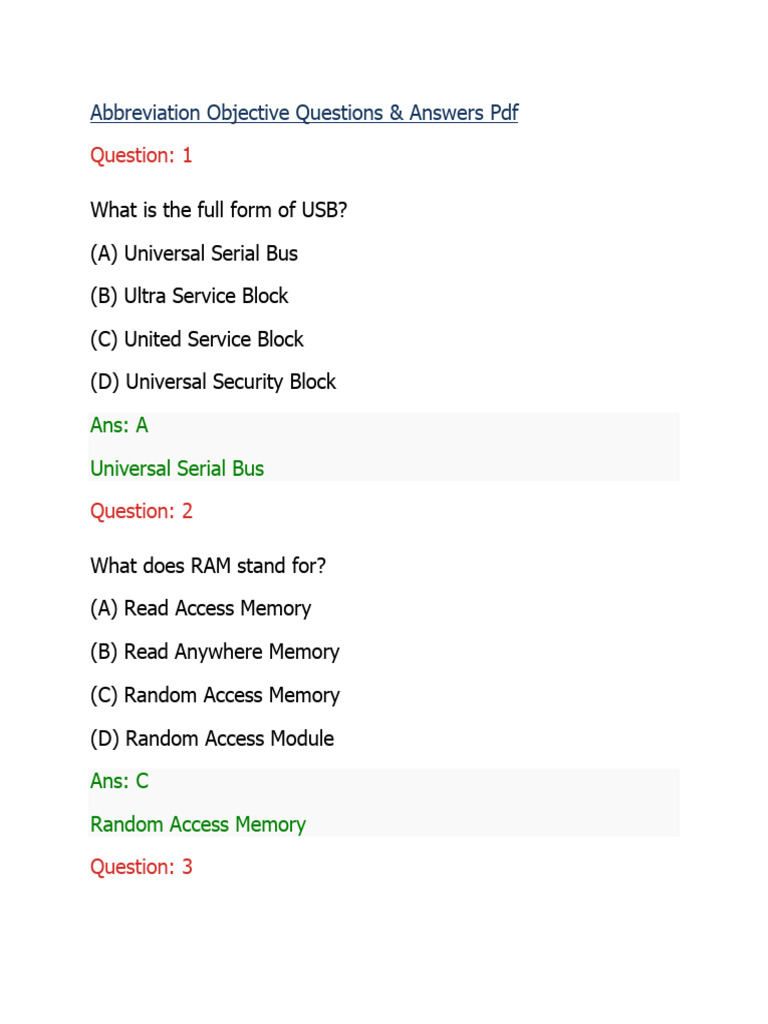 Abbreviation Objective Questions | PDF
