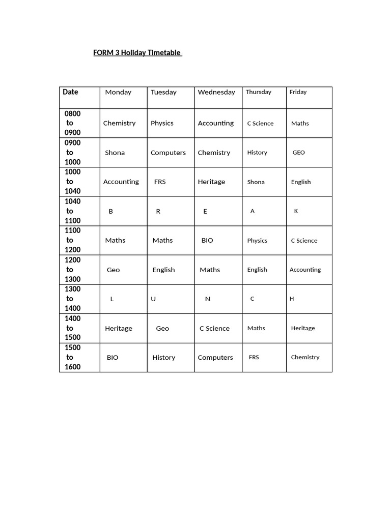 Form 3 Timetable | PDF