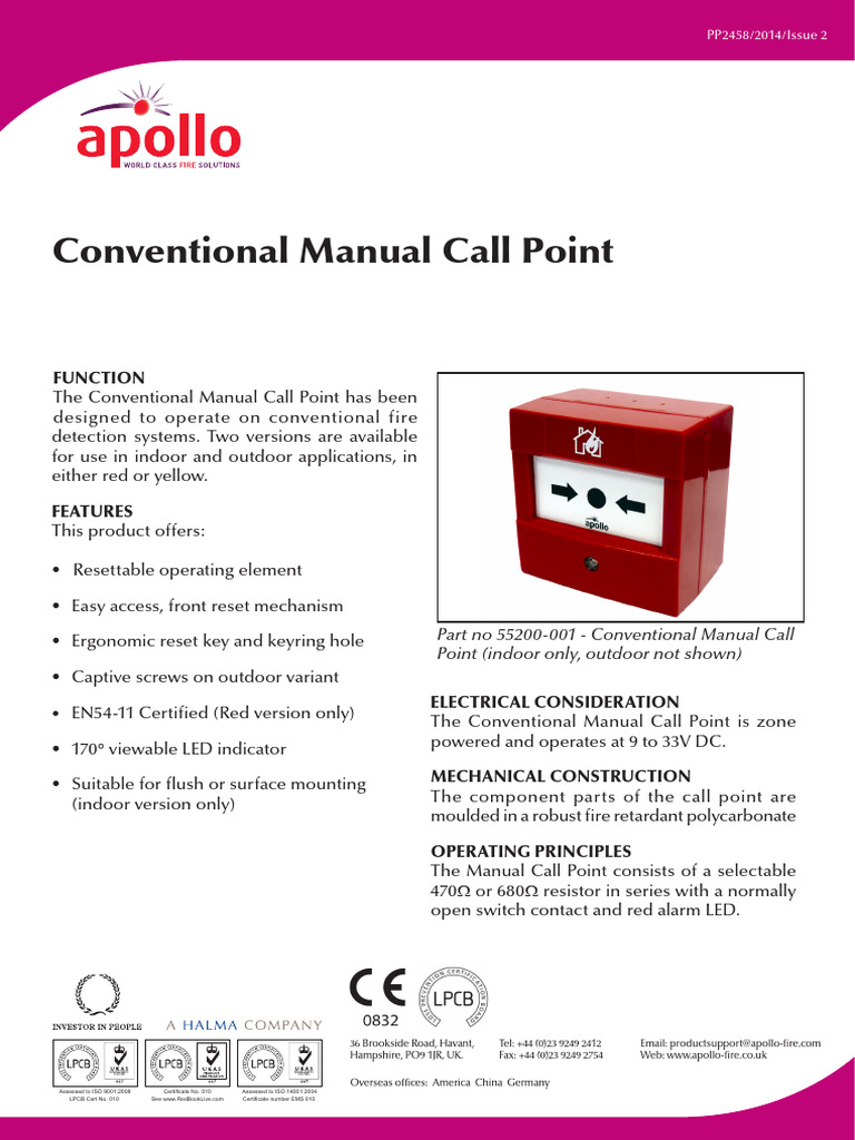 PP2458 Conventional Waterproof Manual Call Point Datasheet | PDF