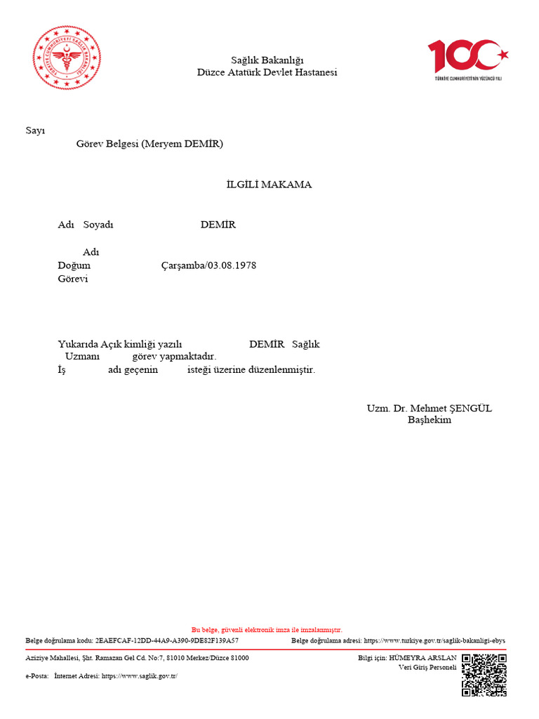 Üst - Yazı - Görev Belgesi (Meryem DEMİR) | PDF