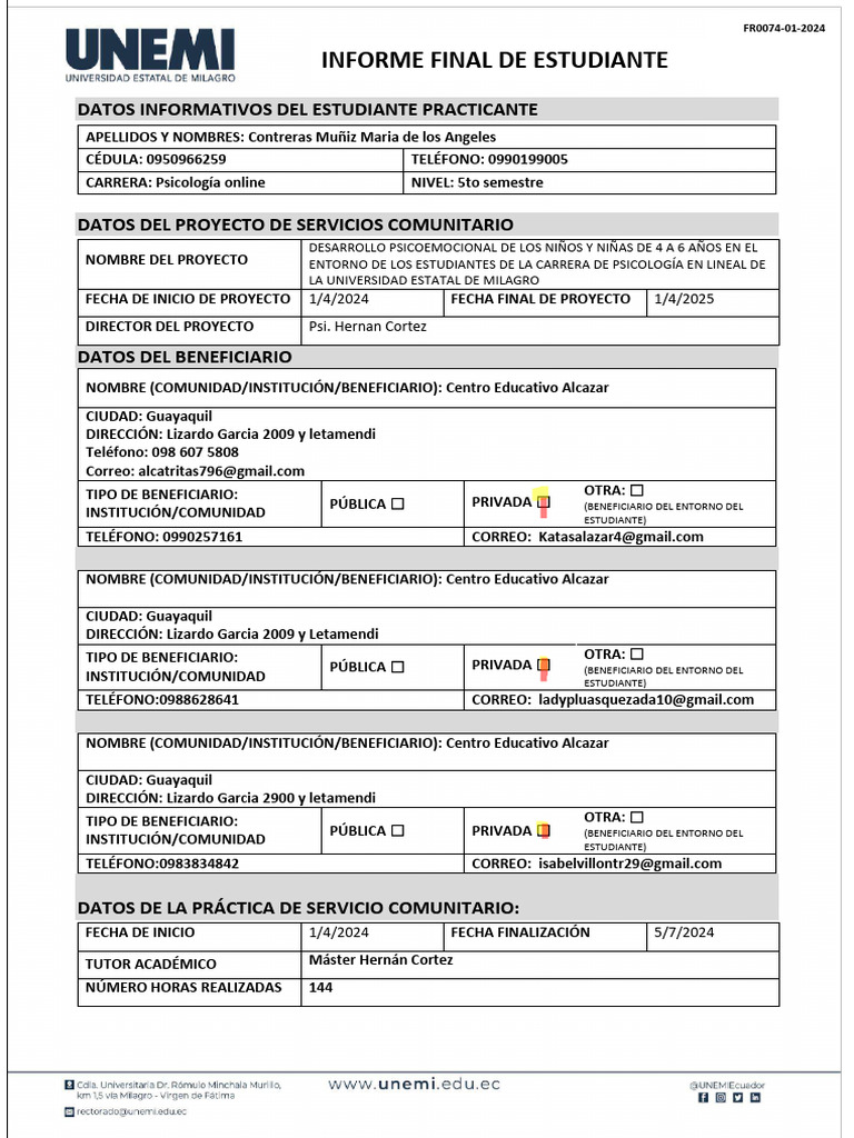 INFORME FINAL DEL ESTUDIANTE Contreras Muñiz Maria - Compressed | PDF