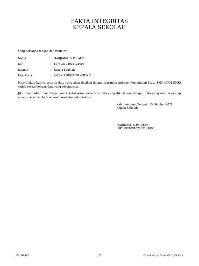 Pakta Integritas Penjaminan Mutu SMK | PDF