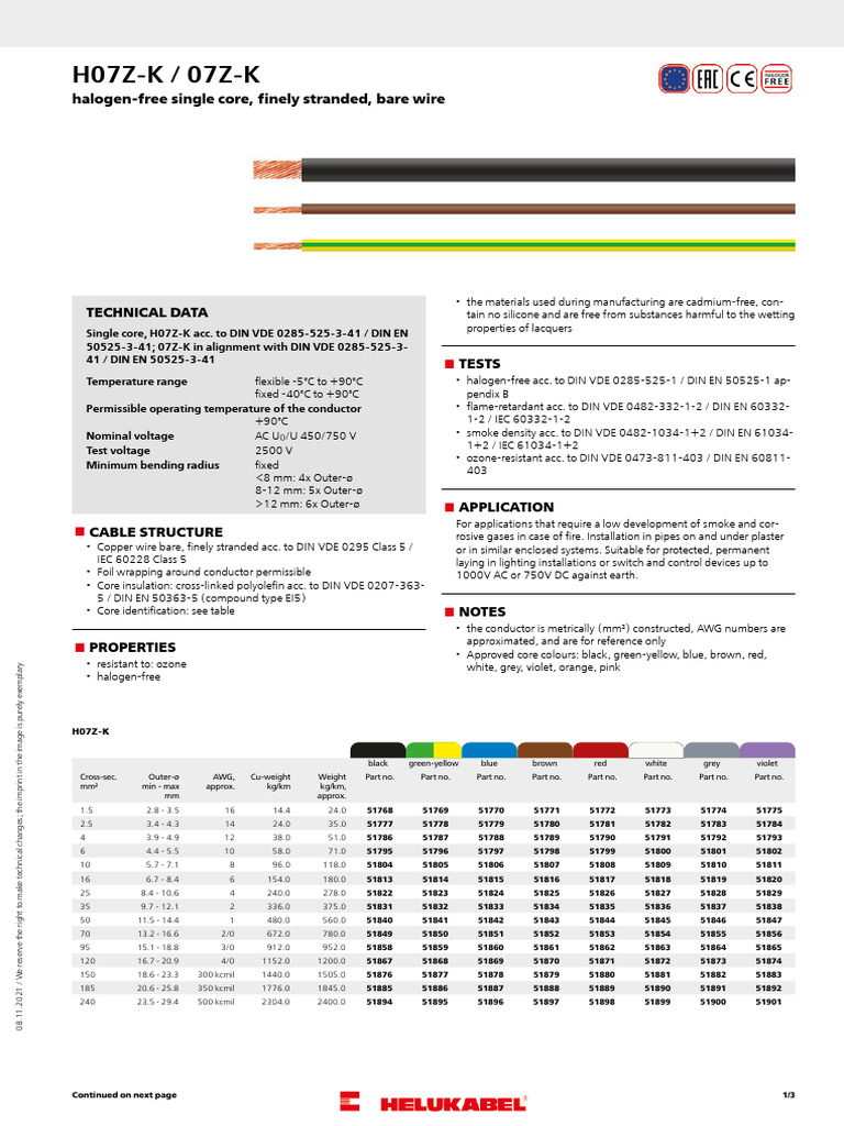 Cable Helukabel - DS - H07Z-K | PDF