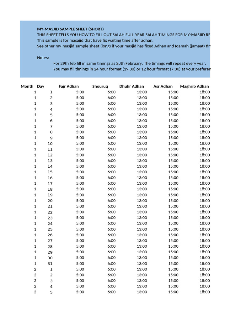 My Masjid Full Year Salah Timing Sample Sheet SHORT 1 | PDF