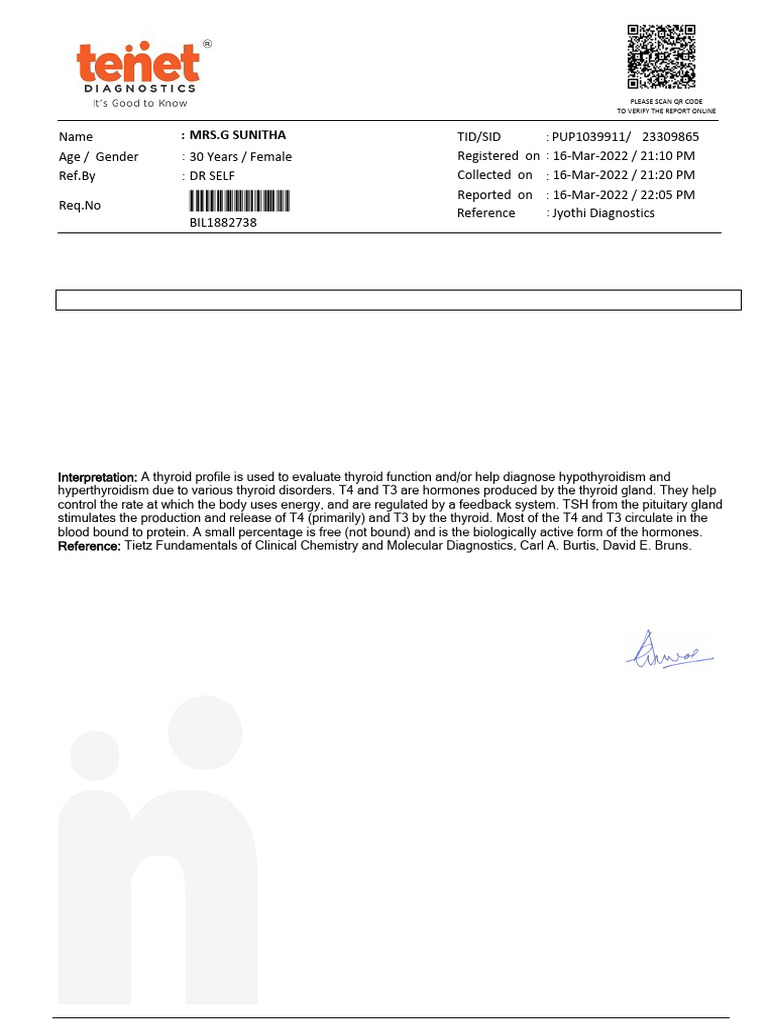 Thyroid Profile (T3, T4, TSH), Serum: MRS.G Sunitha | PDF | Thyroid Stimulating Hormone | Thyroid