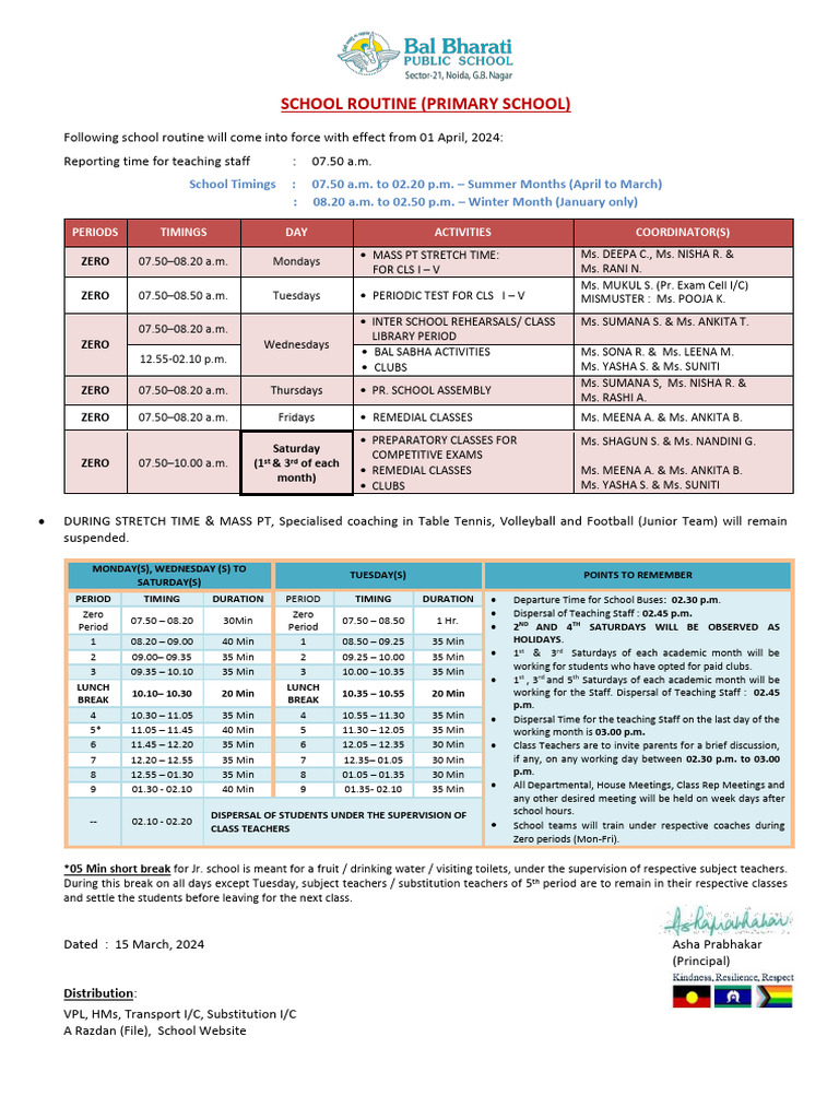 Primary School Routine 2024-25 | PDF