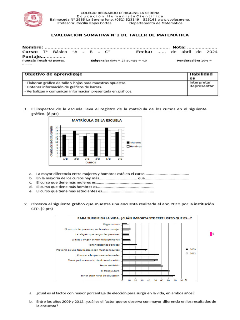 Evaluación Sumativa Taller De Matemática 7° Básico 1 Pdf 0763