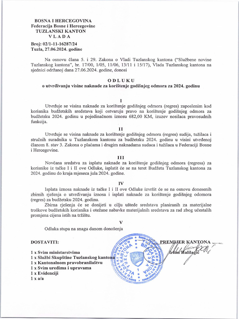 Odluka o Utvrđivanju Visine Naknade Za Korištenje Godišnjeg Odmora Za ...