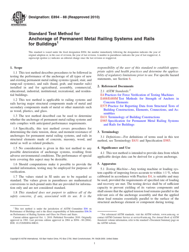 ASTM E894 Handrail Anchorage Test | PDF