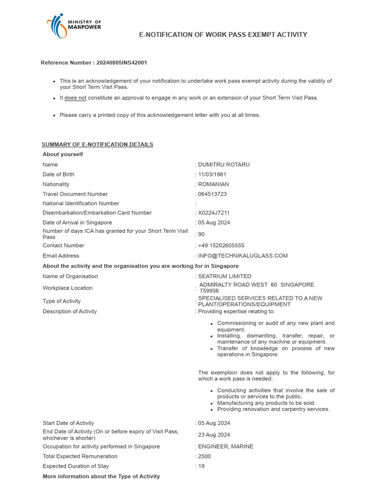 Ministry of Manpower - E-Notification ROTARU DUMITRU | PDF