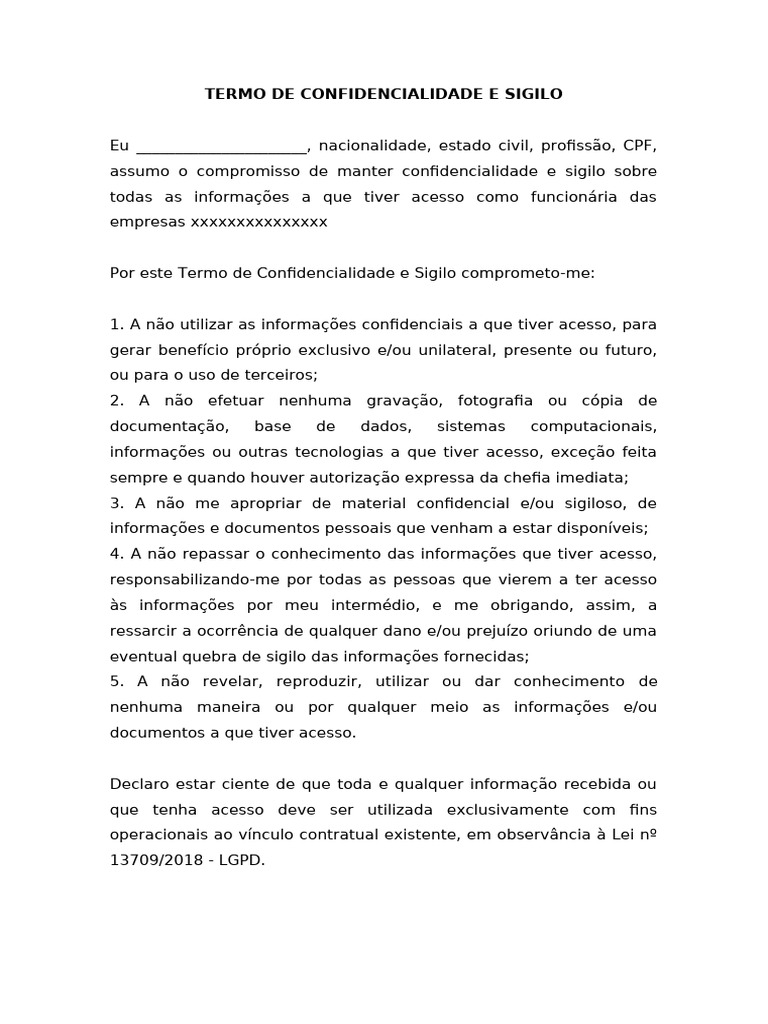 TERMO DE CONFIDENCIALIDADE E SIGILO | PDF
