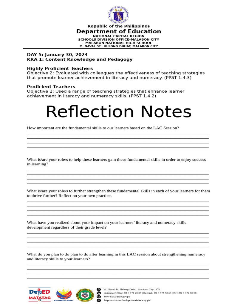 Reflection Notes RPMS Objective 2 Numeracy and Literacy | PDF