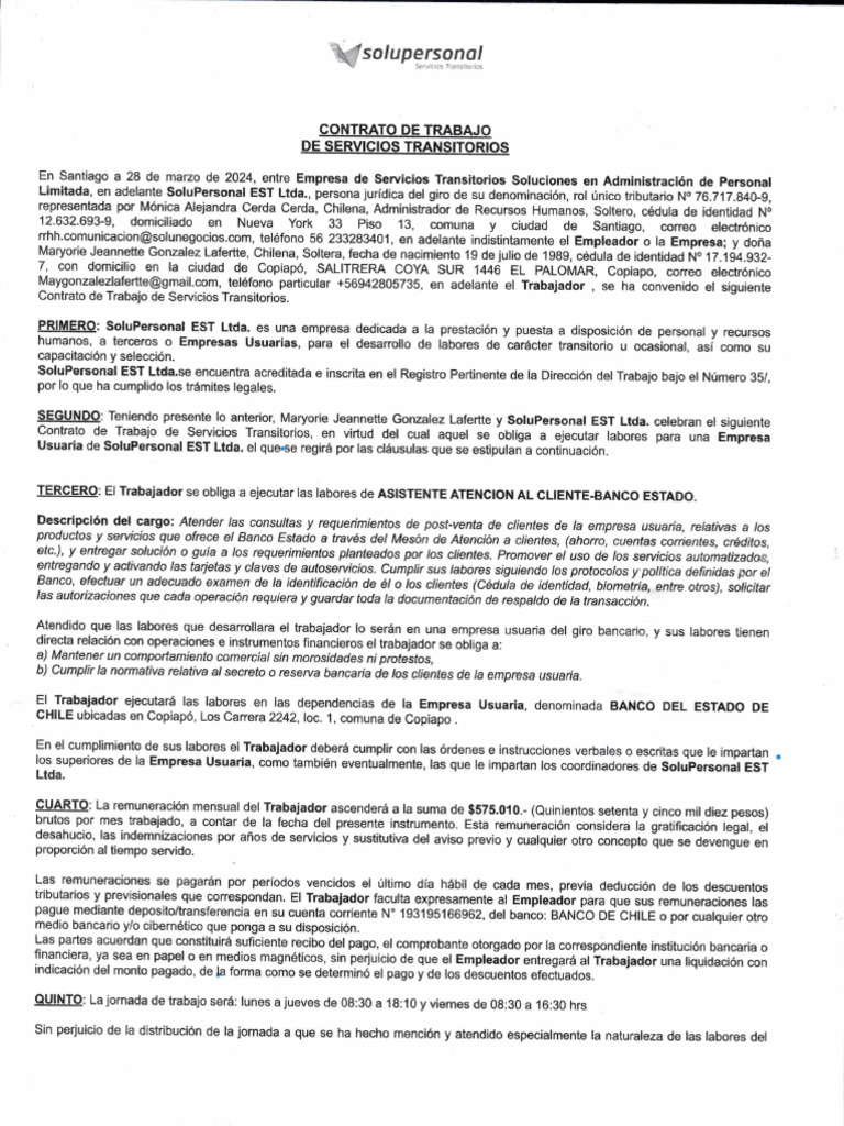 Contrato de Trabajo en SoluPersonal | PDF | Business | Bancos
