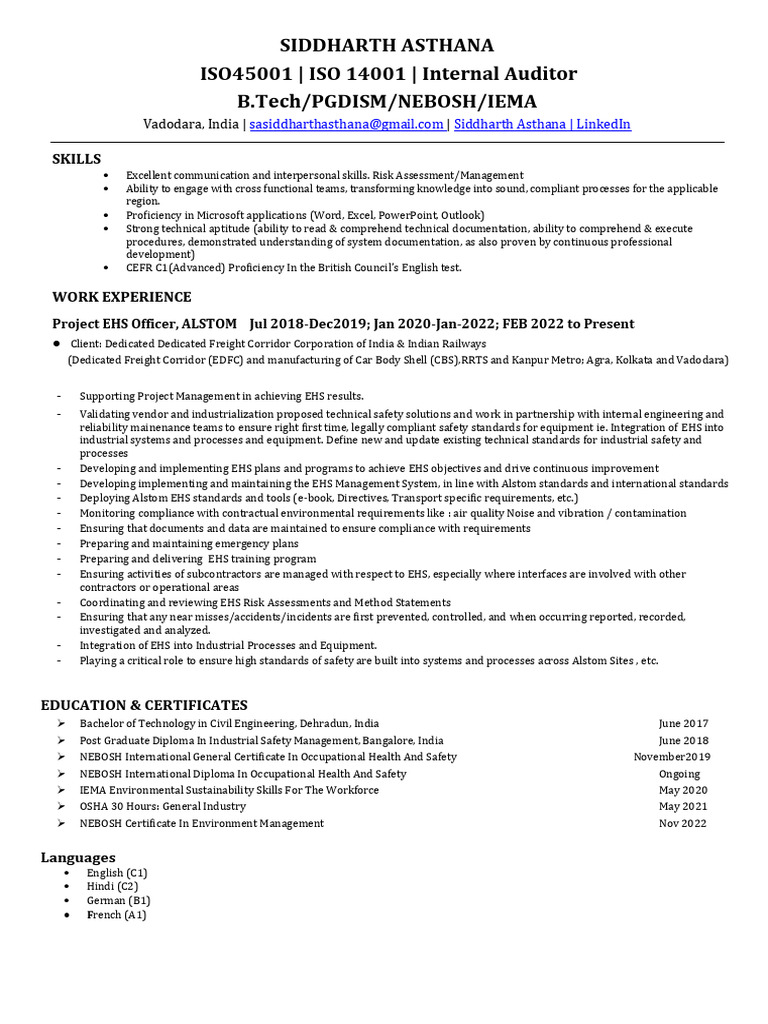 Alstom India - Siddharth Asthana - Resume | PDF