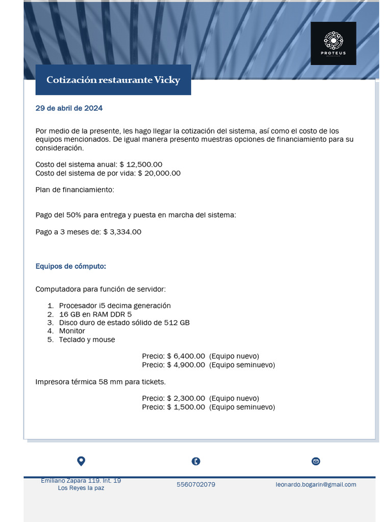 Cotización Restaurante Vicky | PDF
