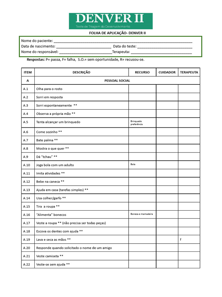 Denver II - Folha de Aplicação | PDF