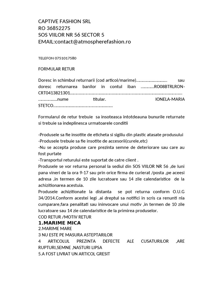 Formular Retur | PDF