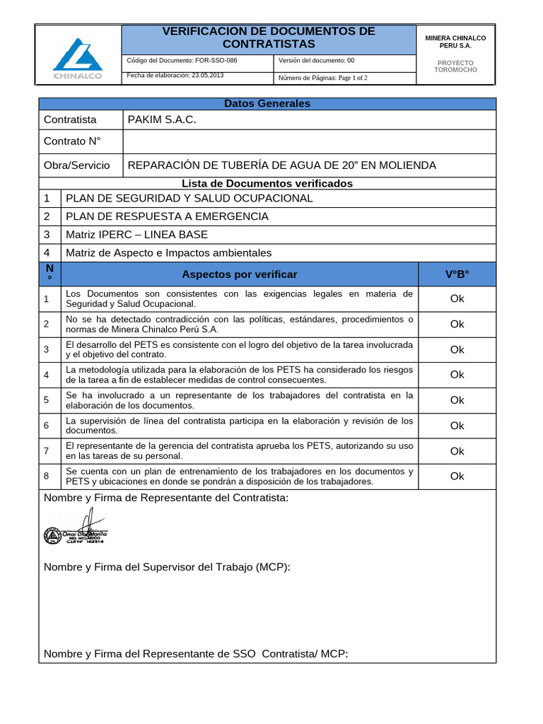 FOR-SSO-086 Verificación de Documentos de Contratistas | PDF