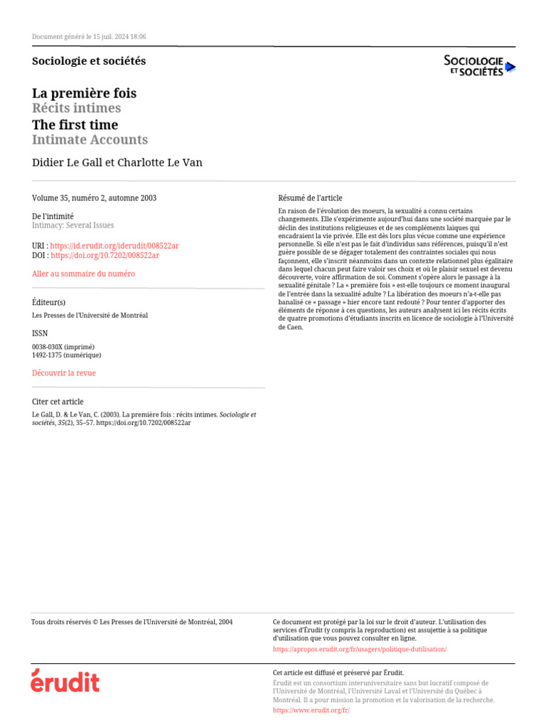 Récits Intimes Intimate Accounts: La Première Fois The First Time | PDF