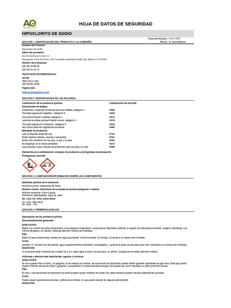 Hipoclorito de Sodio Hoja - Seguridad | PDF
