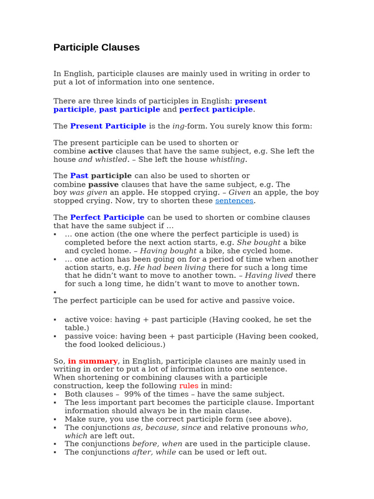 Participle Clauses | PDF
