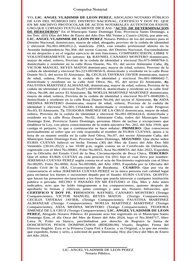 Acto de Determinacion de Heredero Compulsa | PDF | República Dominicana | Política