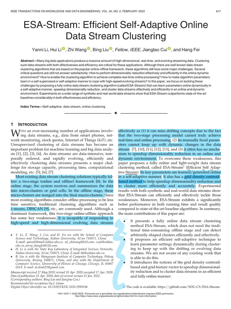 ESA-Stream Efficient Self-Adaptive Online Data Stream Clustering | PDF | Cluster Analysis ...