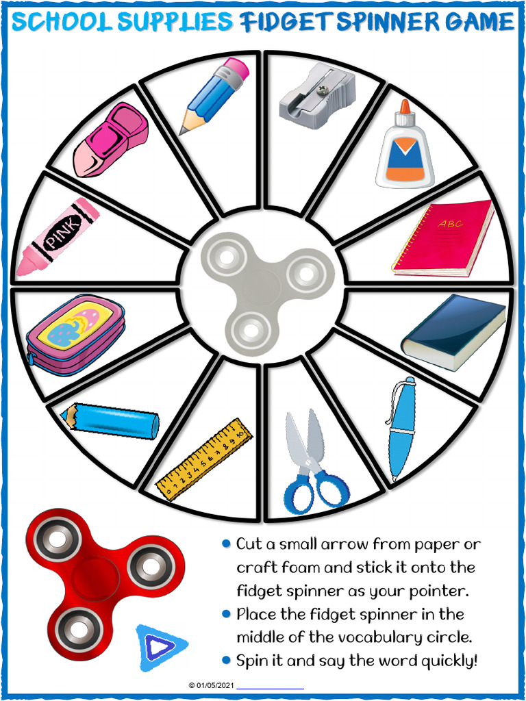 School Supplies Vocabulary Esl Printable Fidget Spinner Games For Kids ...