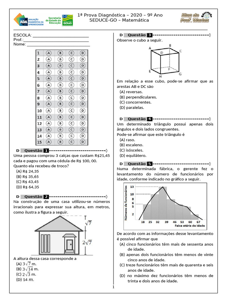 1 P.D - 2020 (1 Ada) - Mat. 9º Ano - BPW | PDF