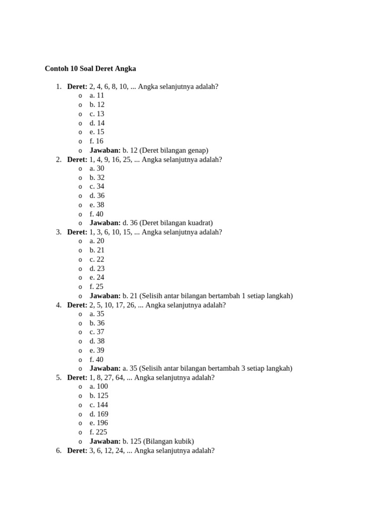Contoh 10 Soal Deret Angka | PDF