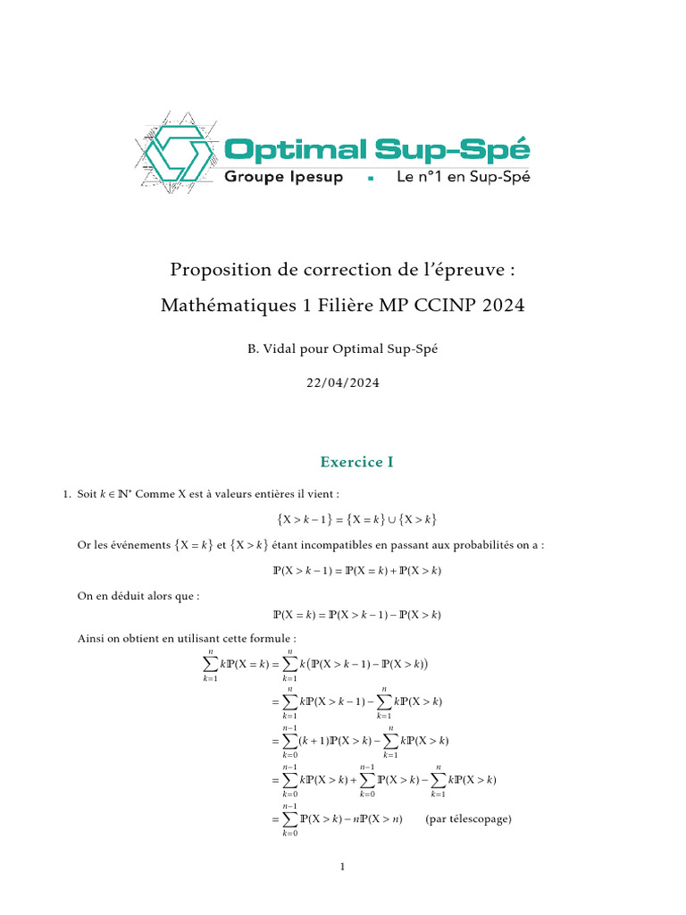 Corrige Maths 1 MP CCINP 2024 Final | PDF