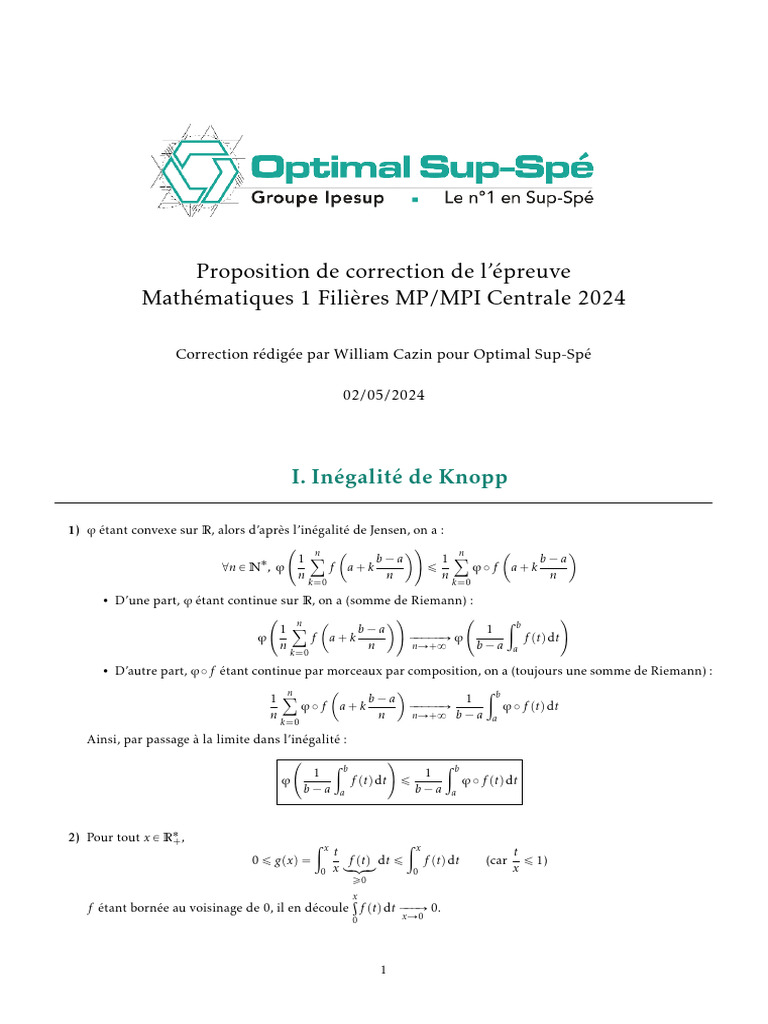 Corrige Maths 1 MP MPI CENTRALE 2024 | PDF
